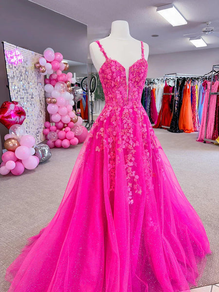 A Line V Neck Hot Pink Lace Tulle Long Prom Dresses, Long Hot Pink Tul ...