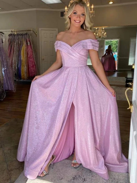 Long Pink Off Shoulder Prom Dresses with Leg Slit, Off The Shoulder Pi ...