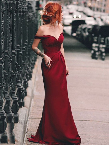 A Line Off The Shoulder Satin Floor-length Long Prom Dresses, Off Shou ...
