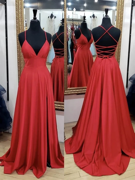 V Neck Red Backless Long Prom Dresses, Open Back Red Long Formal Eveni ...