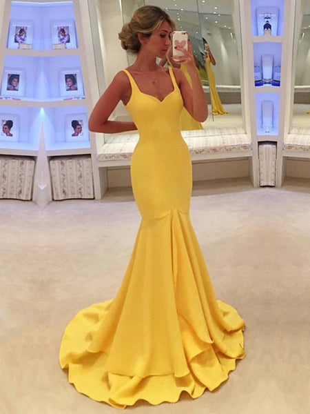 A Line Yellow Mermaid Prom Dresses with Sweep Train, Yellow Formal Dre ...